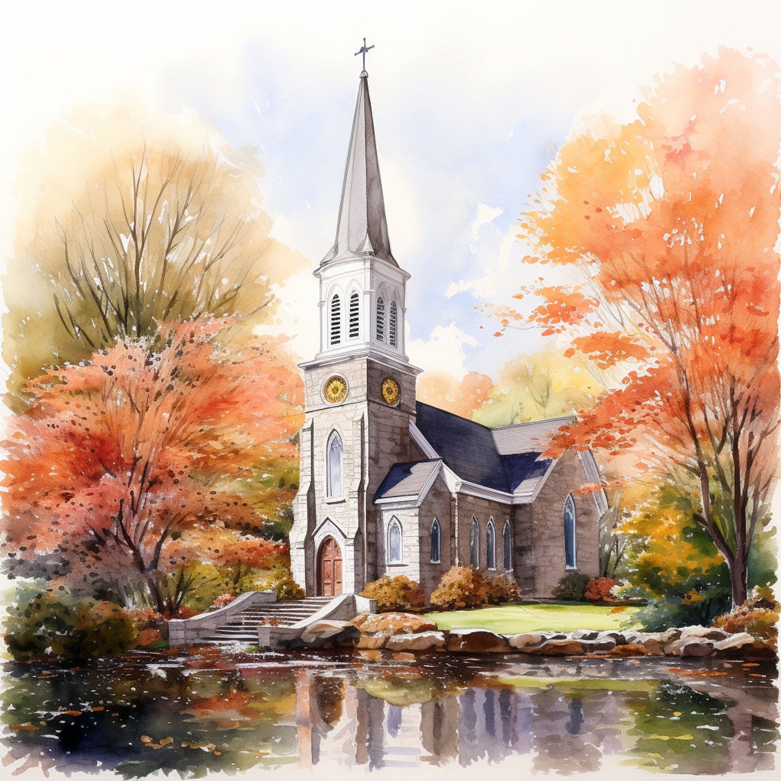 Beautiful Watercolor Stone Church Cathedral in a Peaceful Autumn ...