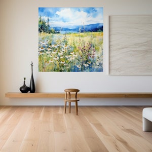 Serene Wildflower Meadow in Front of a Lake Abstract Watercolor Print ...