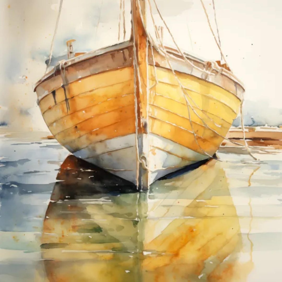 Rustic Yellow Wooden Boat Watercolor Print Wall Art for Beach House or ...