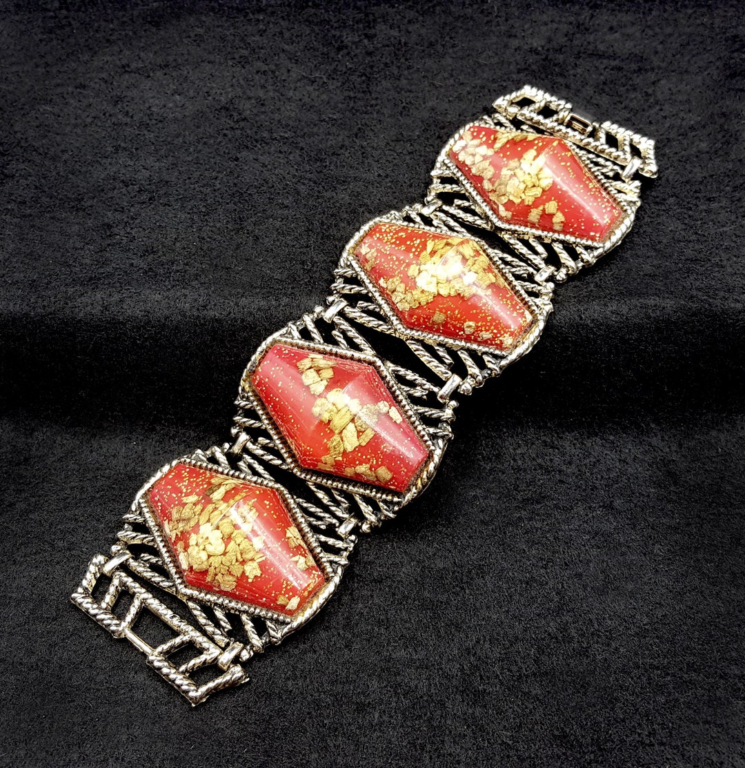 Vintage Red Lucite Link Bracelet: Gold Mica Costume Jewelry - Etsy