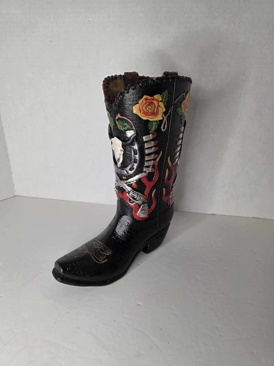 Western Bull Skull Roses Six Shooters and Fire Cowboy Boot Vase Planter ...