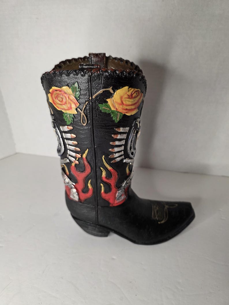 Western Bull Skull Roses Six Shooters and Fire Cowboy Boot Vase Planter ...