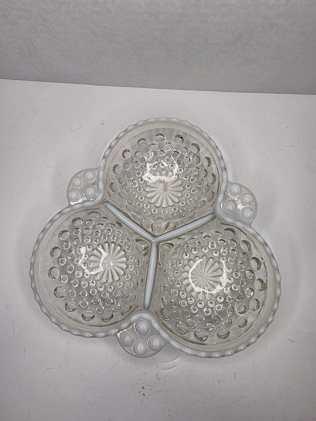 Vintage Fenton Opalescent Moonstone Hobnail 3 Section Divided Dish ...