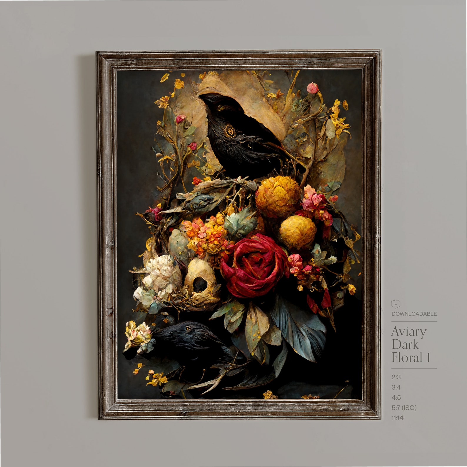 Dark Floral Crow Still Life Downloadable Art Print Rose - Etsy