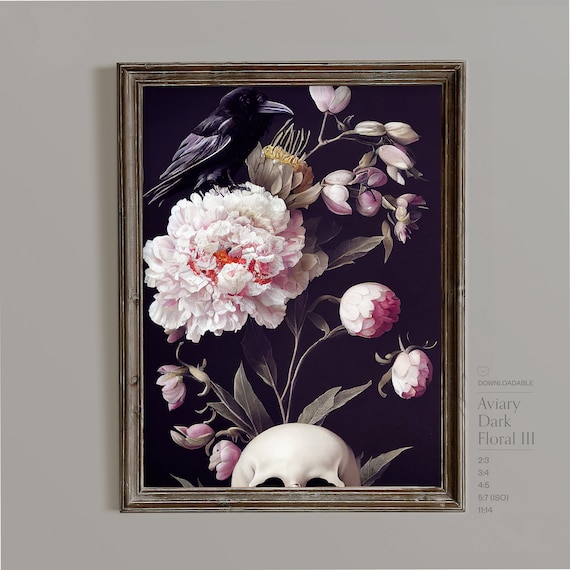 Dark Floral Crow Still Life Downloadable Art Print Peony - Etsy