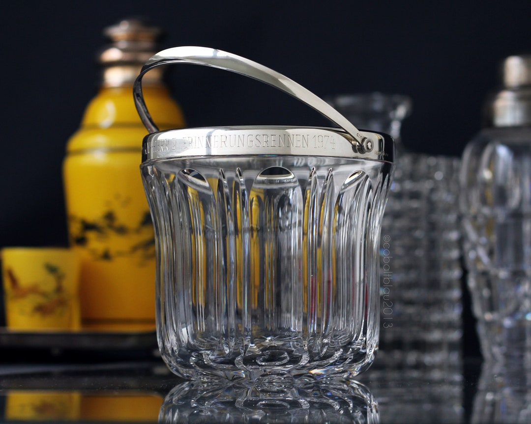 Vtg. Sterling Silver & Crystal Glass Ice Bucket / Engraved, German ...
