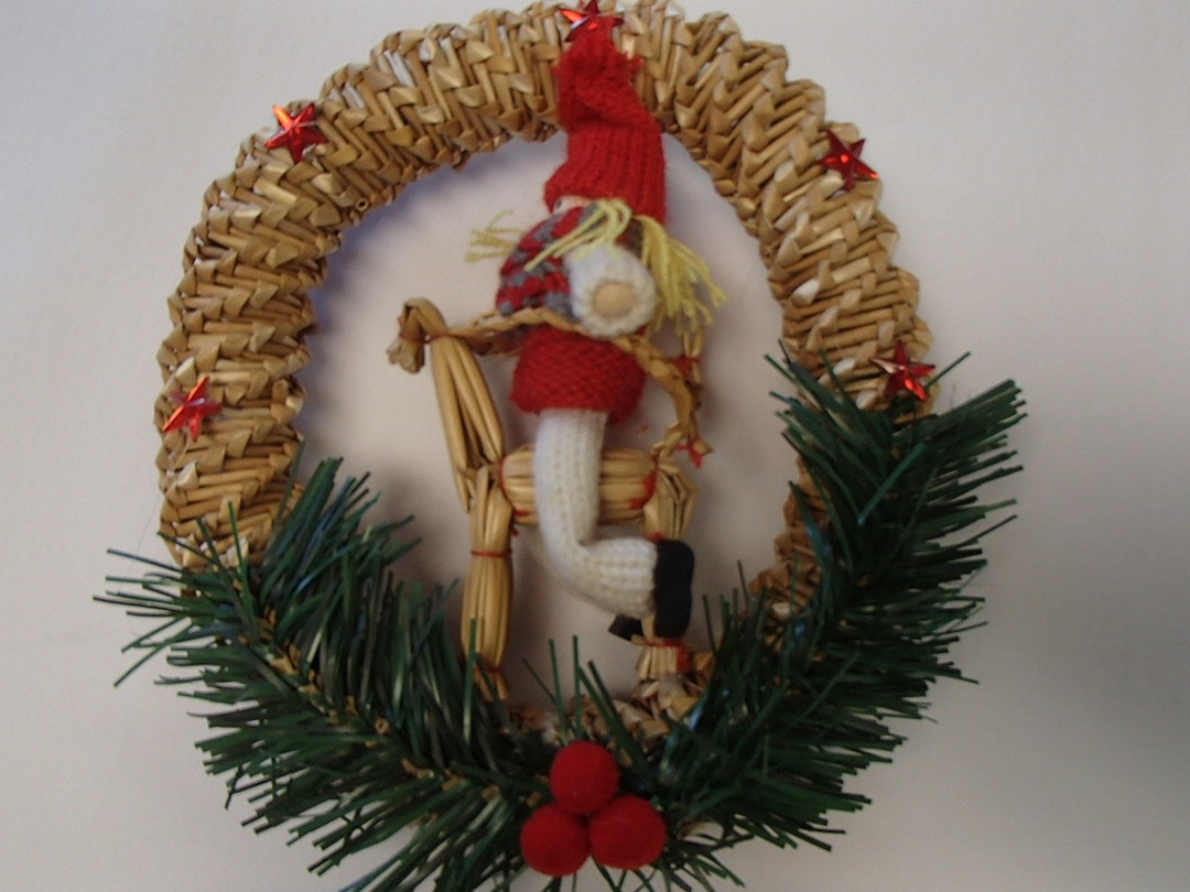 Scandinavian Nordic Santa Elf Gnome Girl on Straw Goat in Wreath Ring ...