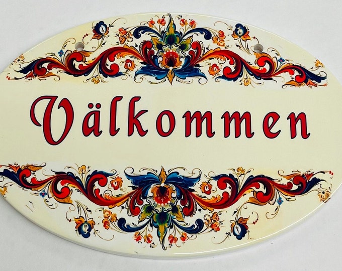 Swedish Välkommen Ceramic Sign Plaque 8 7/8 X 6 With Rosemaling by Lise ...