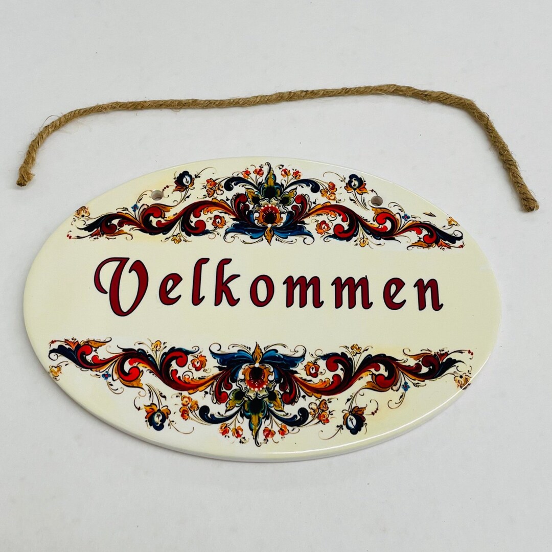 Norwegian Danish Velkommen Ceramic Cream Sign Plaque 8 7/8" X 6" With ...