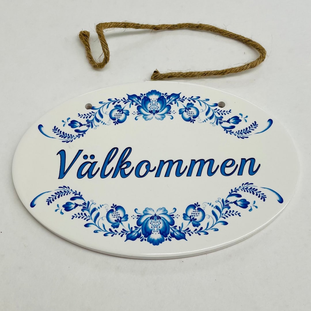 Swedish Välkommen White Ceramic Sign Plaque 8 7/8" X 6" With Blue ...