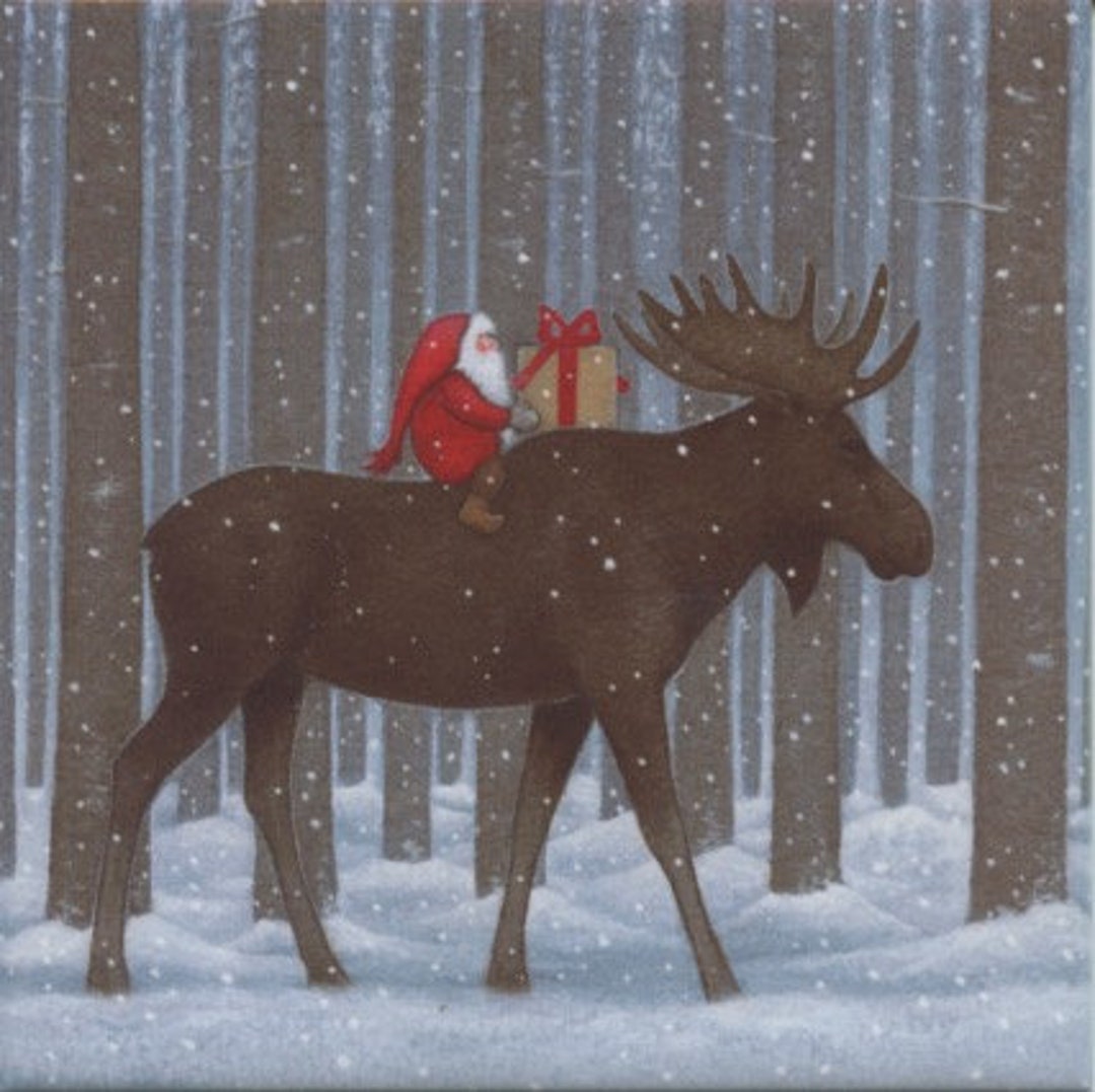 Scandinavian Swedish Gnome Tomte Riding Moose in the Forest Tile ...