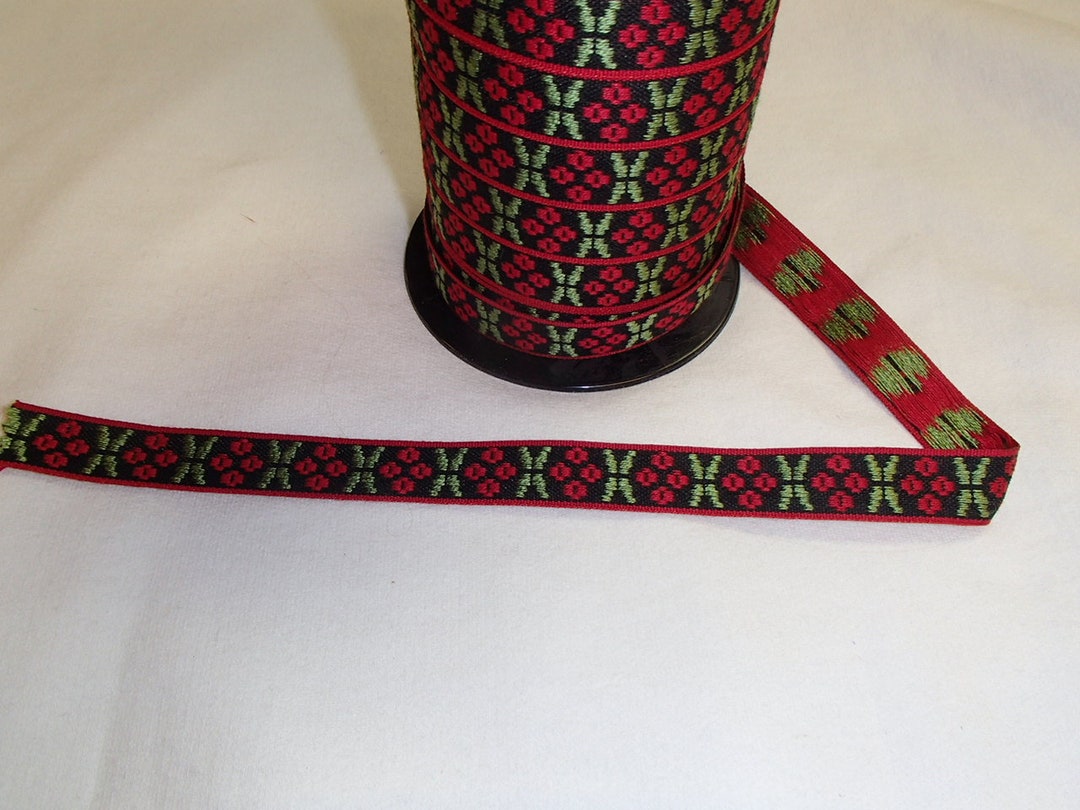 Swedish Cotton Fabric Ribbon Trim 5 Yard Piece Black With Red Berries ...