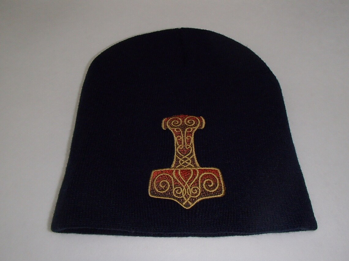 Scandinavian Viking Thor's Hammer on Navy Blue Knit Hat - Etsy