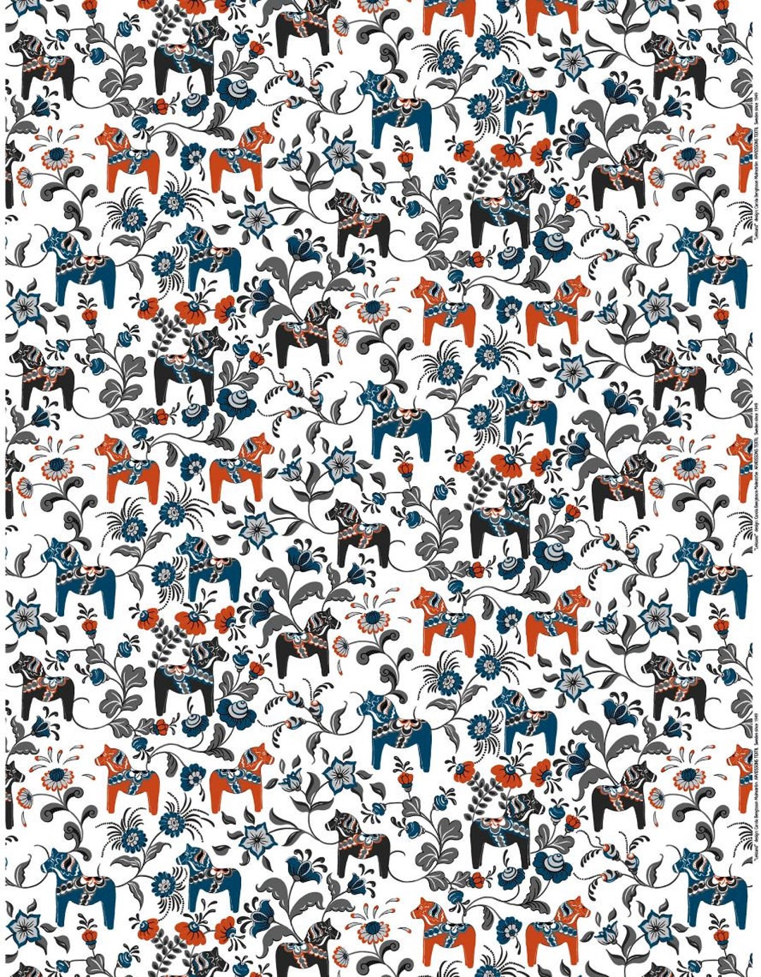 Scandinavian Swedish Fabric With MINI 2" Dark Blue & Red Dala Horses ...