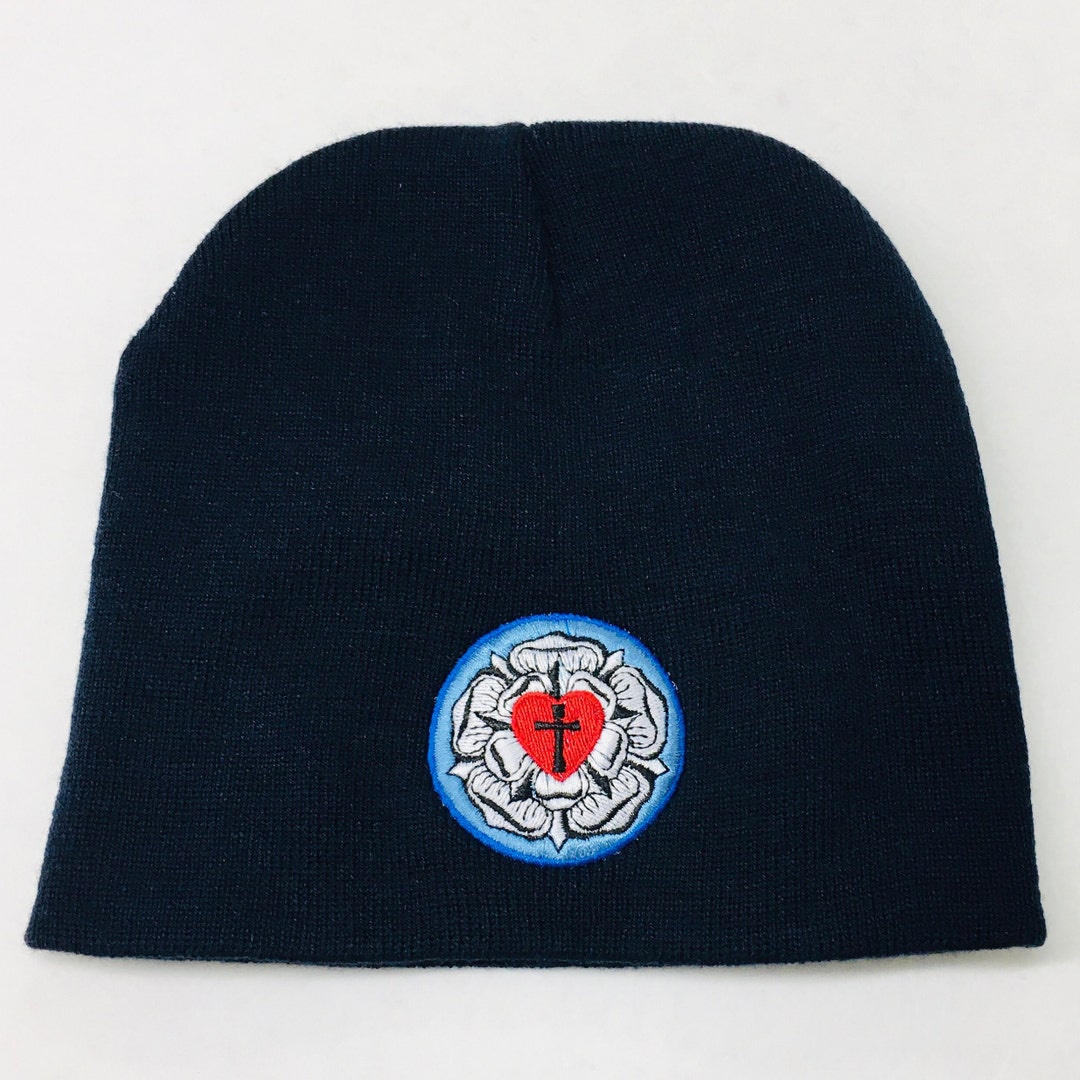 Lutheran Cross ~ Lutheran Rose Embroidered on Navy Blue Knit Hat #KH44 ...