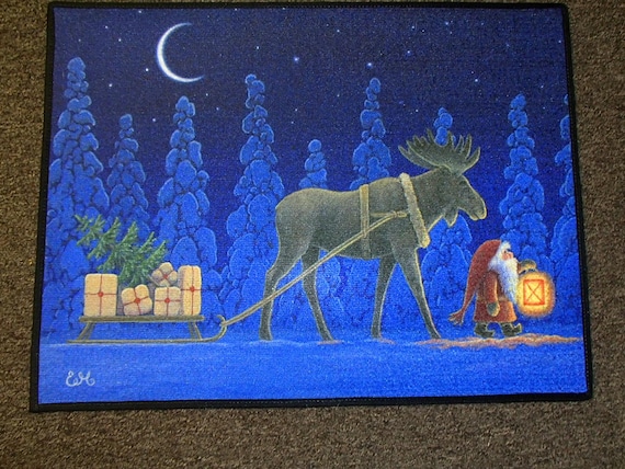 Scandinavian Swedish Gnome Tomte & Moose Rug Door Mat Art by | Etsy