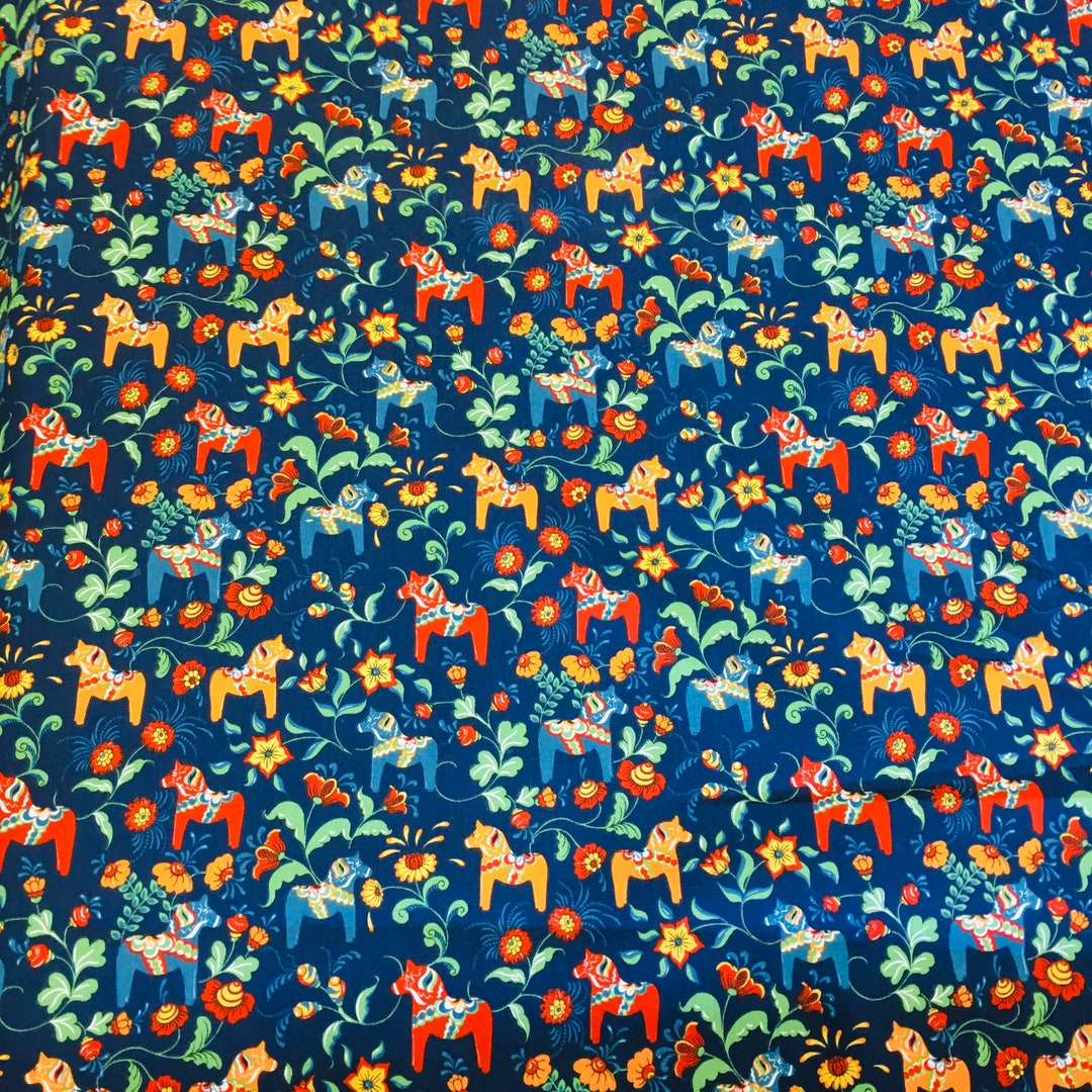Scandinavian Swedish Fabric With MINI 2" Dala Horses With Kurbits ...