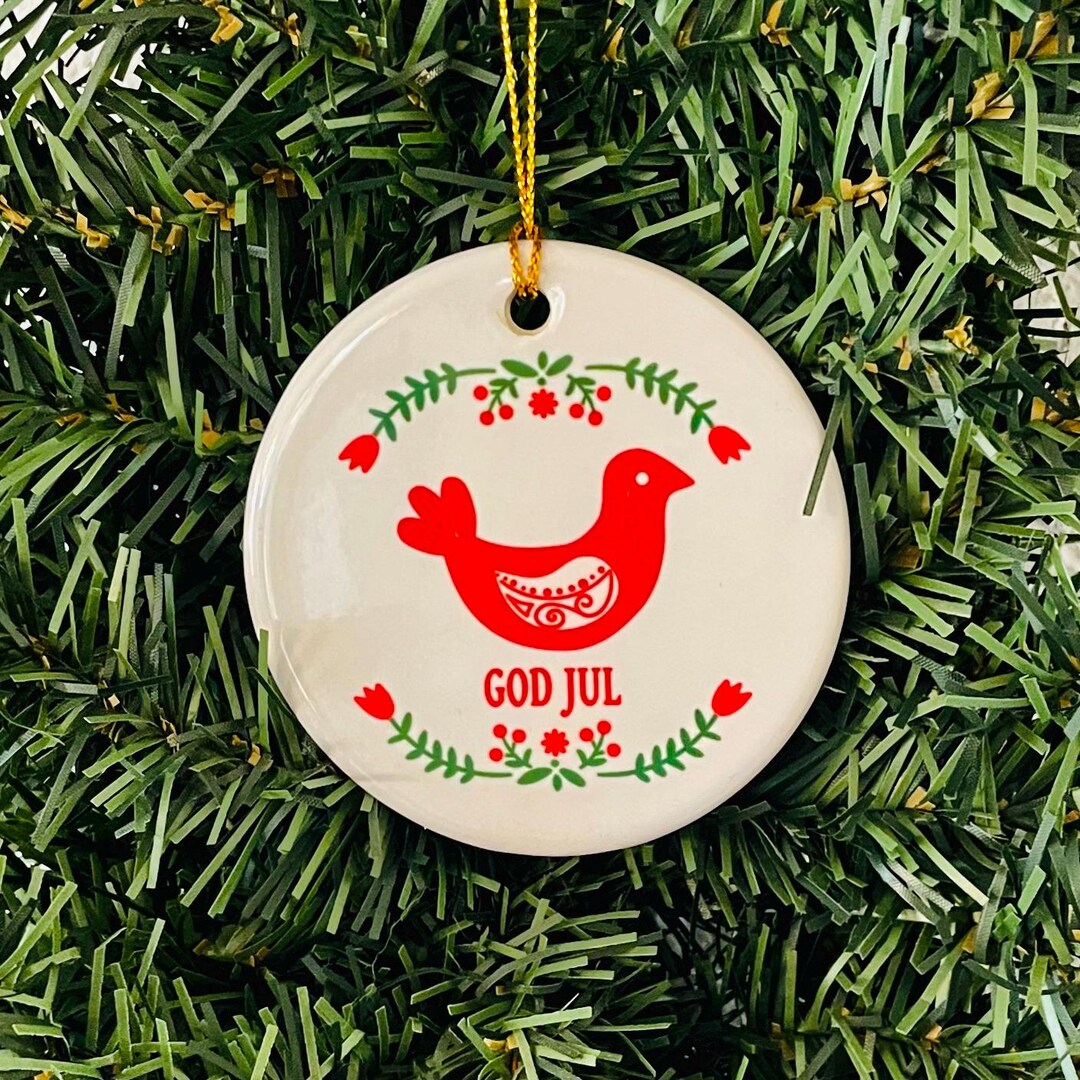 Ceramic Ornament - Swedish God Jul With Bird & Flowers - Etsy