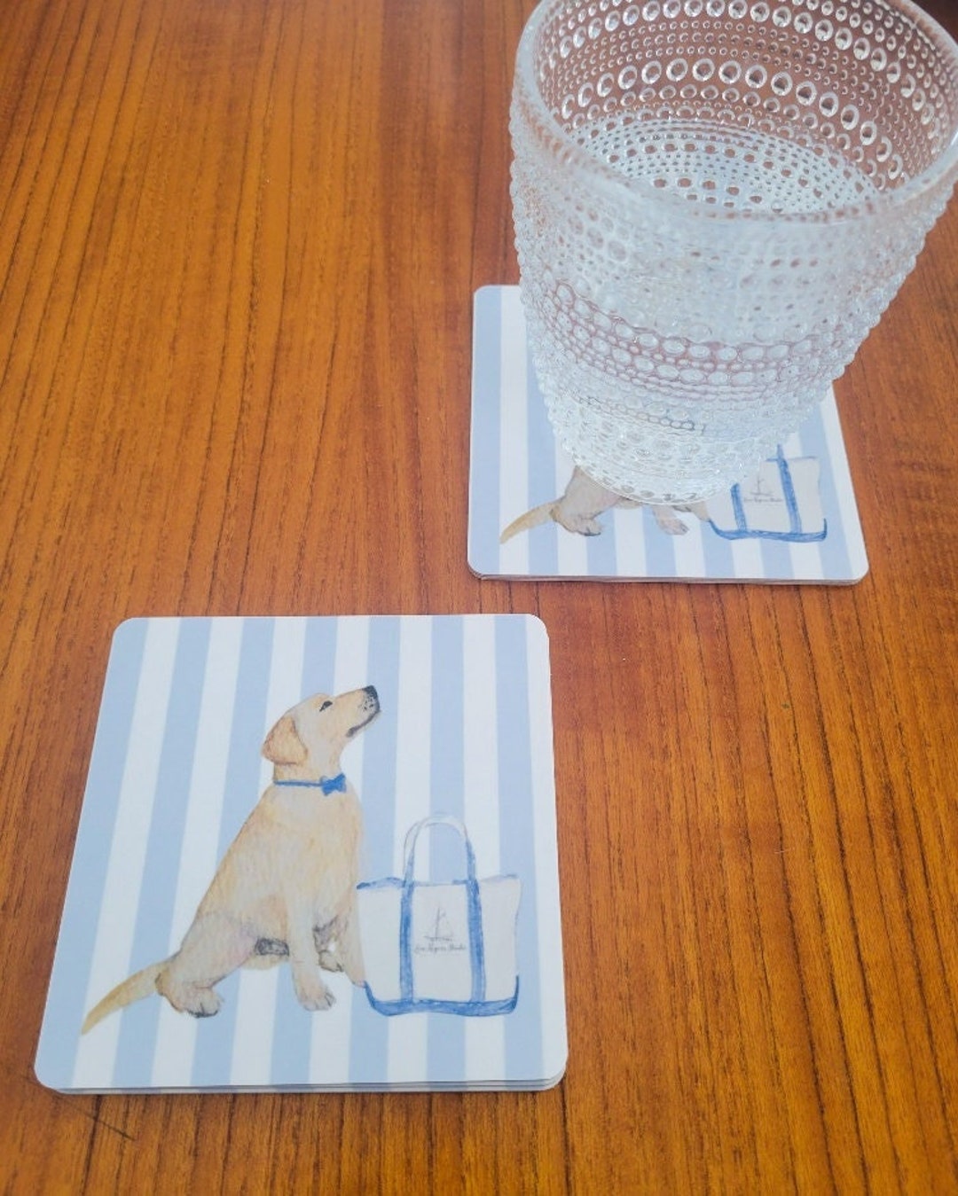 Yellow Labrador Blue and White Stripe Coaster Set, Preppy Drink ...