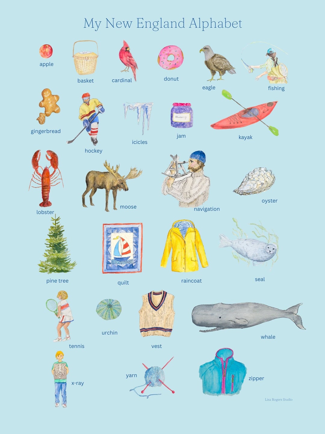 New England Alphabet Poster, Preppy New England ABC Poster, 18 X 24 ...