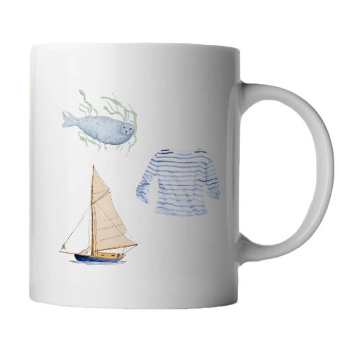 New England Summer Mug, Preppy Watercolor Mug, Sailboat, Breton Shirt ...