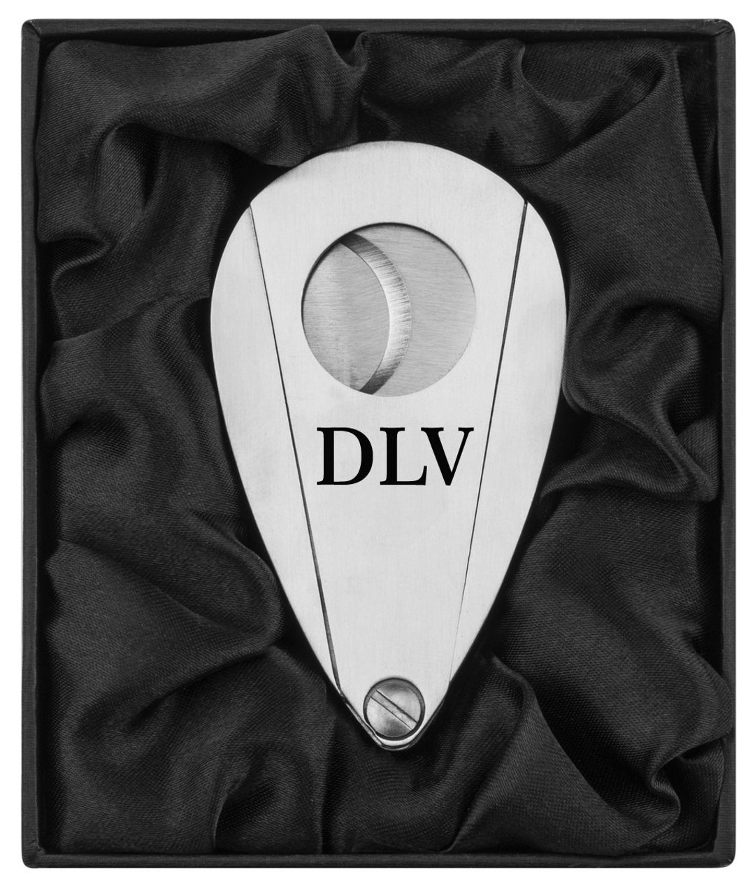 Engraved Stainless Steel Cigar Cutter in Black Silk Lined Gift Box ...