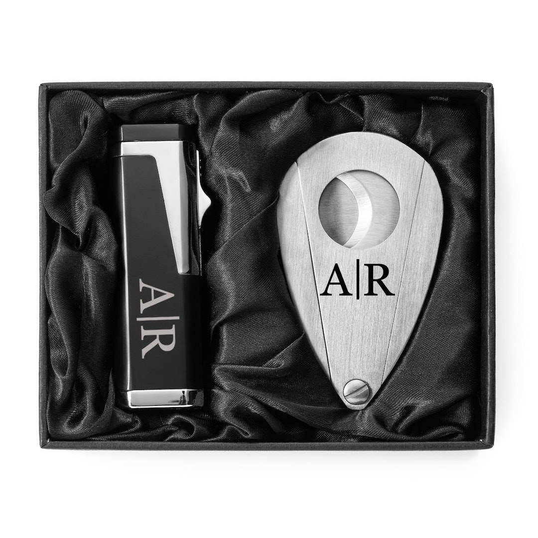 Engraved Stainless Steel Cigar Cutter & Triple Flame Torch Lighter ...