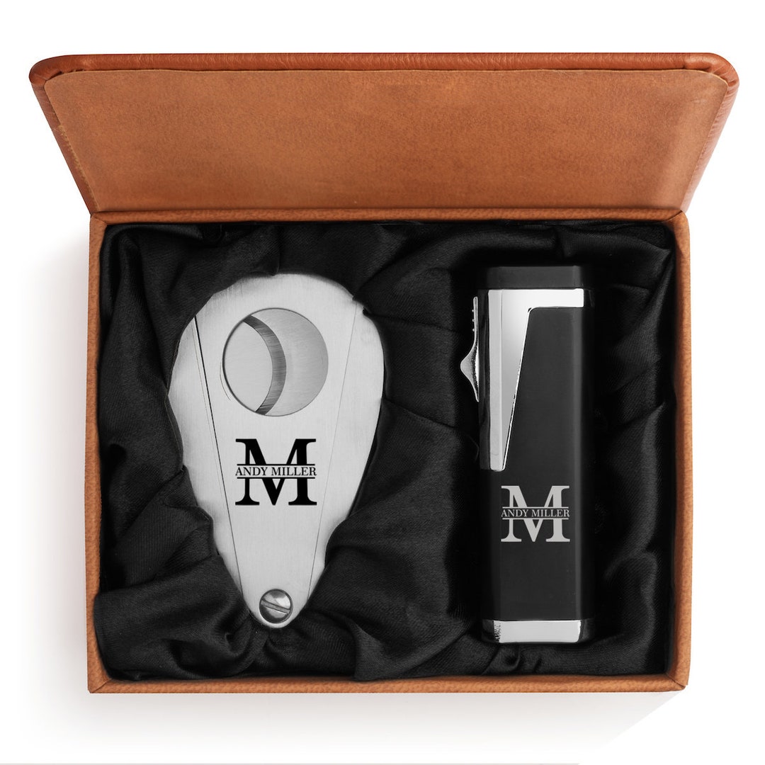 Engraved Stainless Steel Cigar Cutter, Black Tri Flame Torch Lighter ...