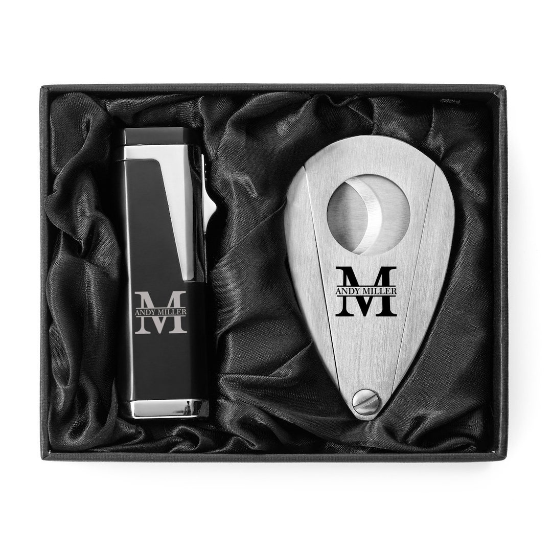 Engraved Stainless Steel Cigar Cutter & Triple Flame Torch Lighter ...