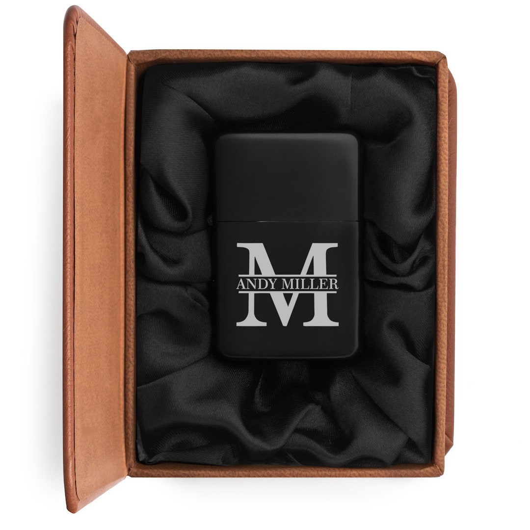 Engraved Matte Black Dual Flame Torch Lighter in Leather Box ...