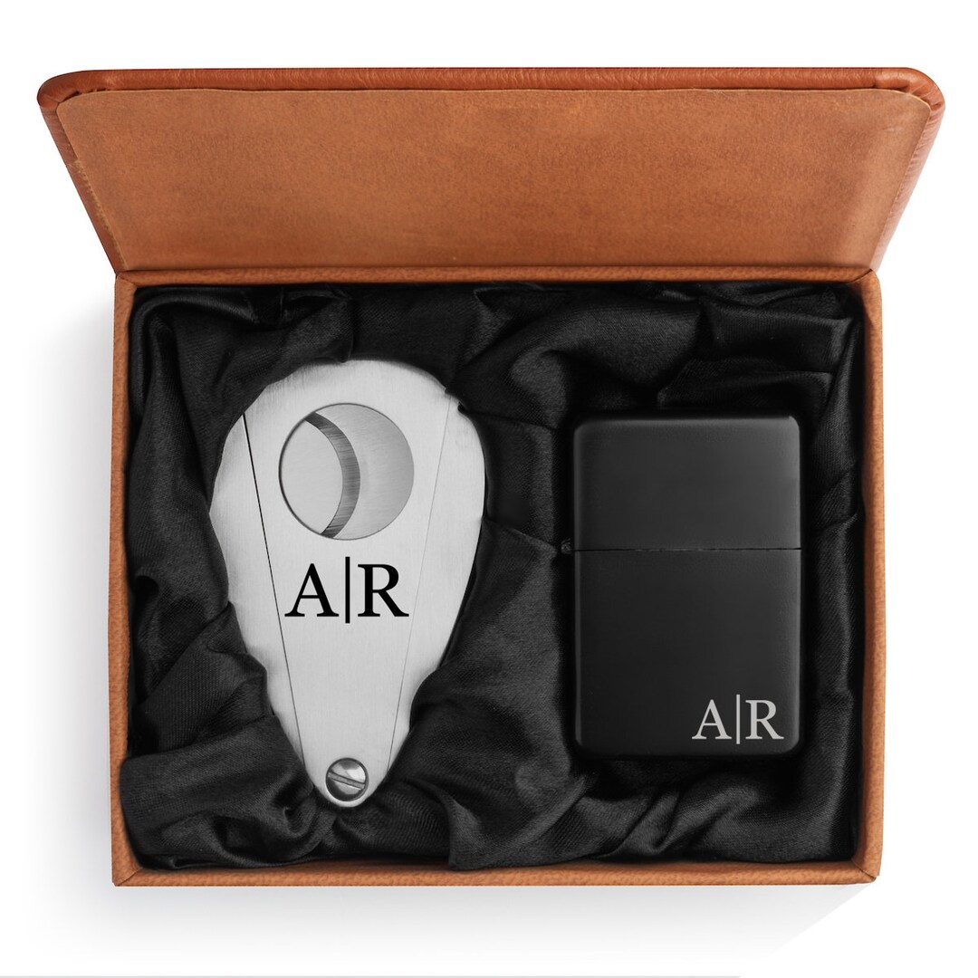 Engraved Stainless Steel Cigar Cutter, Black Dual Flame Torch Lighter ...