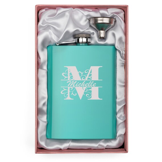 Engraved 8oz Teal Fancy Letter Stainless Steel Hip Flask & | Etsy