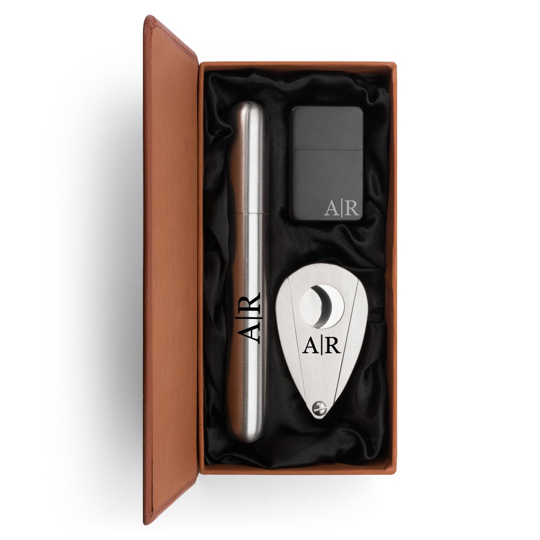 Engraved Stainless Steel Cigar Tube Flask, Cutter, Black Lighter ...