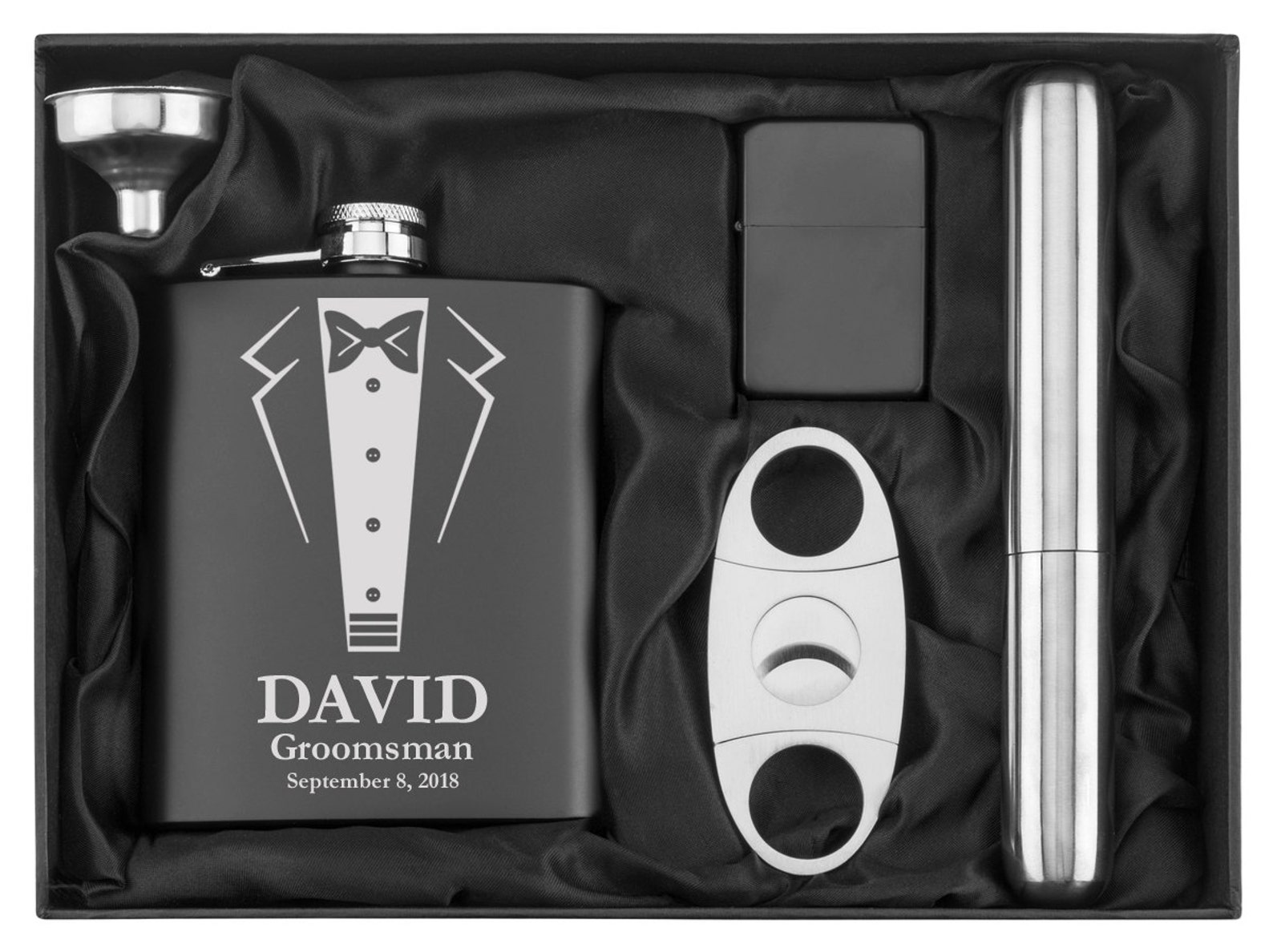 Engraved 7oz Stainless Steel Flask Funnel Cigar Cutter Lighter - Etsy