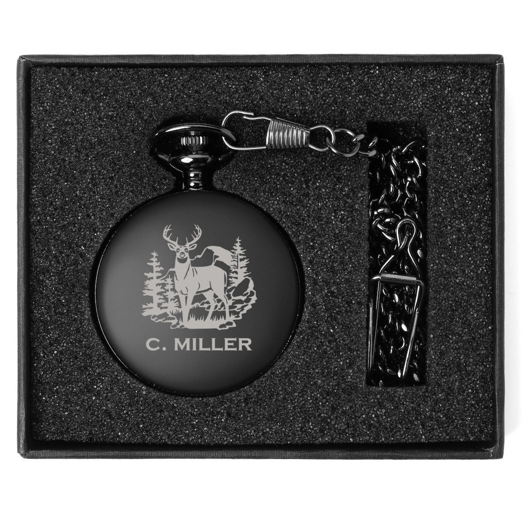 Engraved Matte Black Pocket Watch Personalized Custom Hunting Deer ...