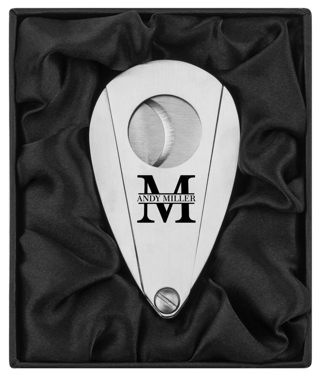 Engraved Stainless Steel Cigar Cutter in Black Silk Lined Gift Box ...