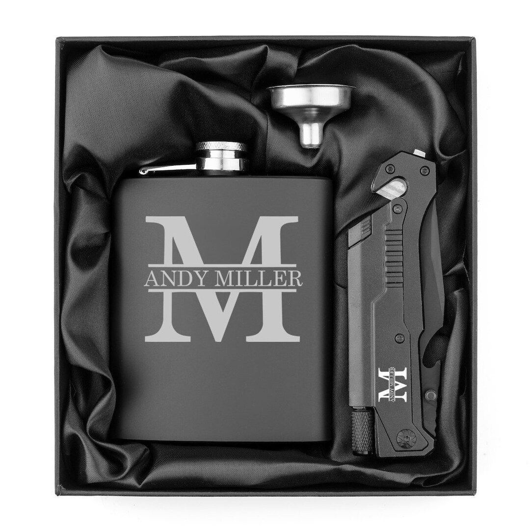 Engraved 7oz Stainless Steel Flask Funnel Tactical Rescue Knife Block ...
