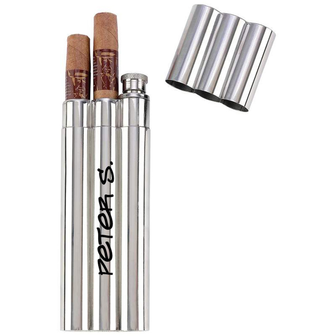 Engraved Stainless Steel Liquor Flask Case Holder With Two Cigar Tubes ...