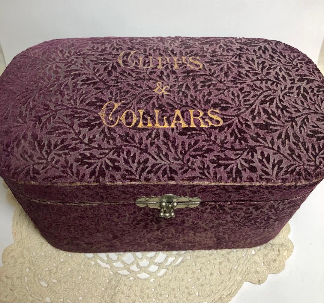 Antique Victorian Cuffs and Collars Box W 2 Sections Burgundy Velvet ...