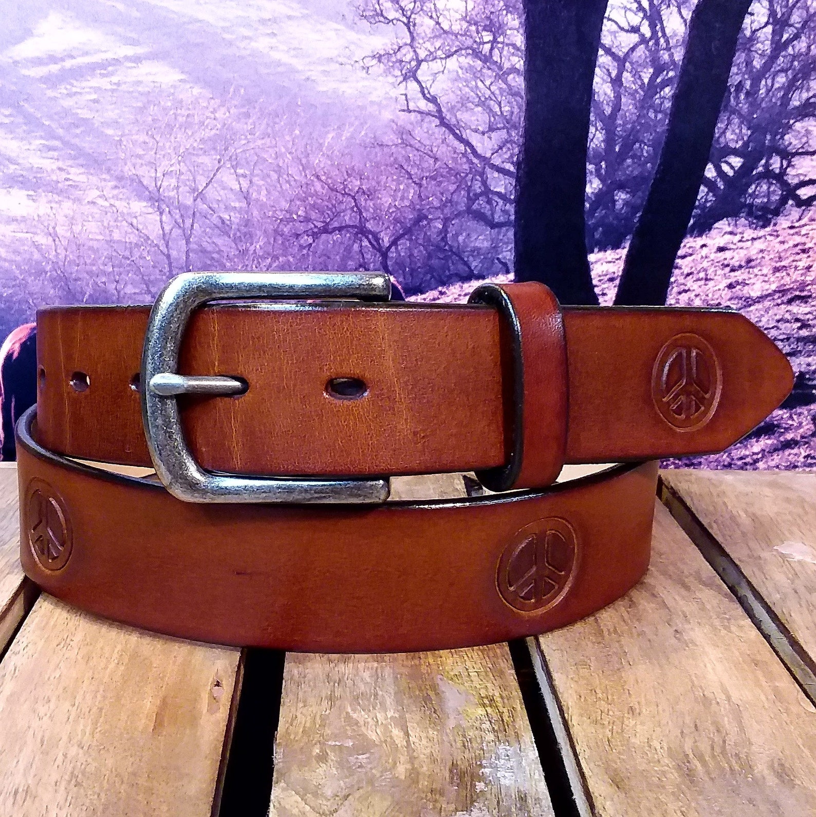 Hand Tooled Peace Sign Leather Belt - Etsy