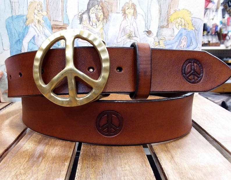 Hand Tooled Peace Sign Leather Belt - Etsy