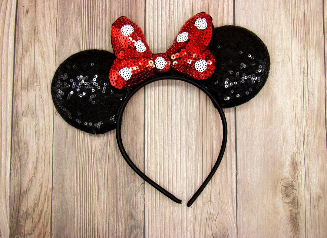 Ear of the Month, Puffy Red and White Dot Bow Sequin Minnie Ears, Black ...