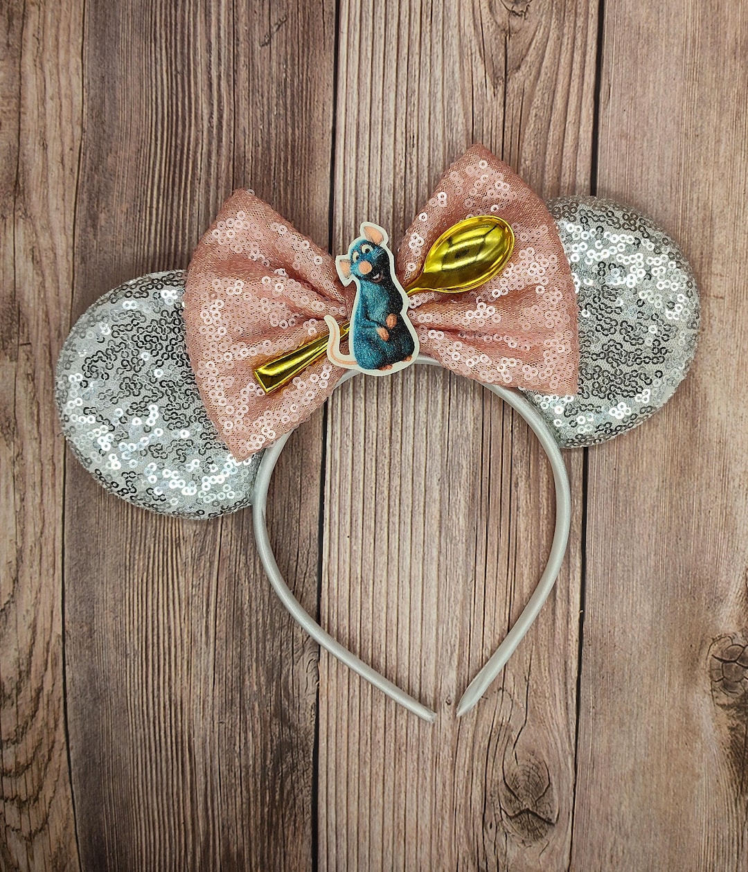 Silver Mouse Ears With Blush Bow and Remy, Mouse Ears, Remy Mouse ...
