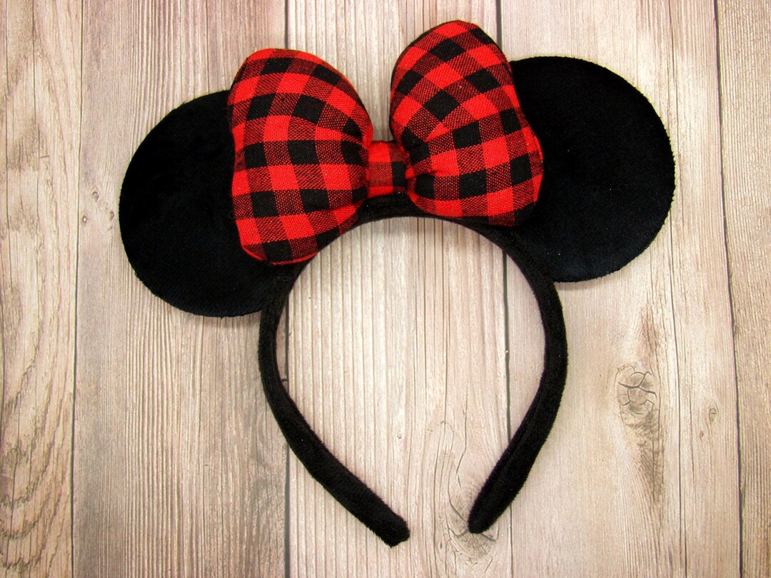 Lumberjack Plush Velvet Mouse Ears, Buffalo Check Pattern, Red Black ...