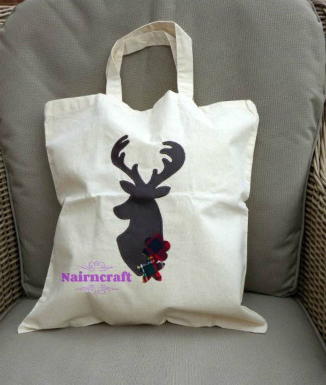 Stag Head Tote Bag in Natural Cream Cotton With Deer Buck Design in ...