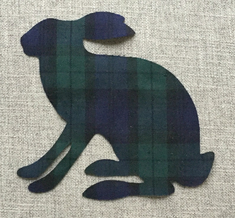 Large Rabbit Hare Applique Patch Made in Black Watch Tartan Fabric. Cut ...