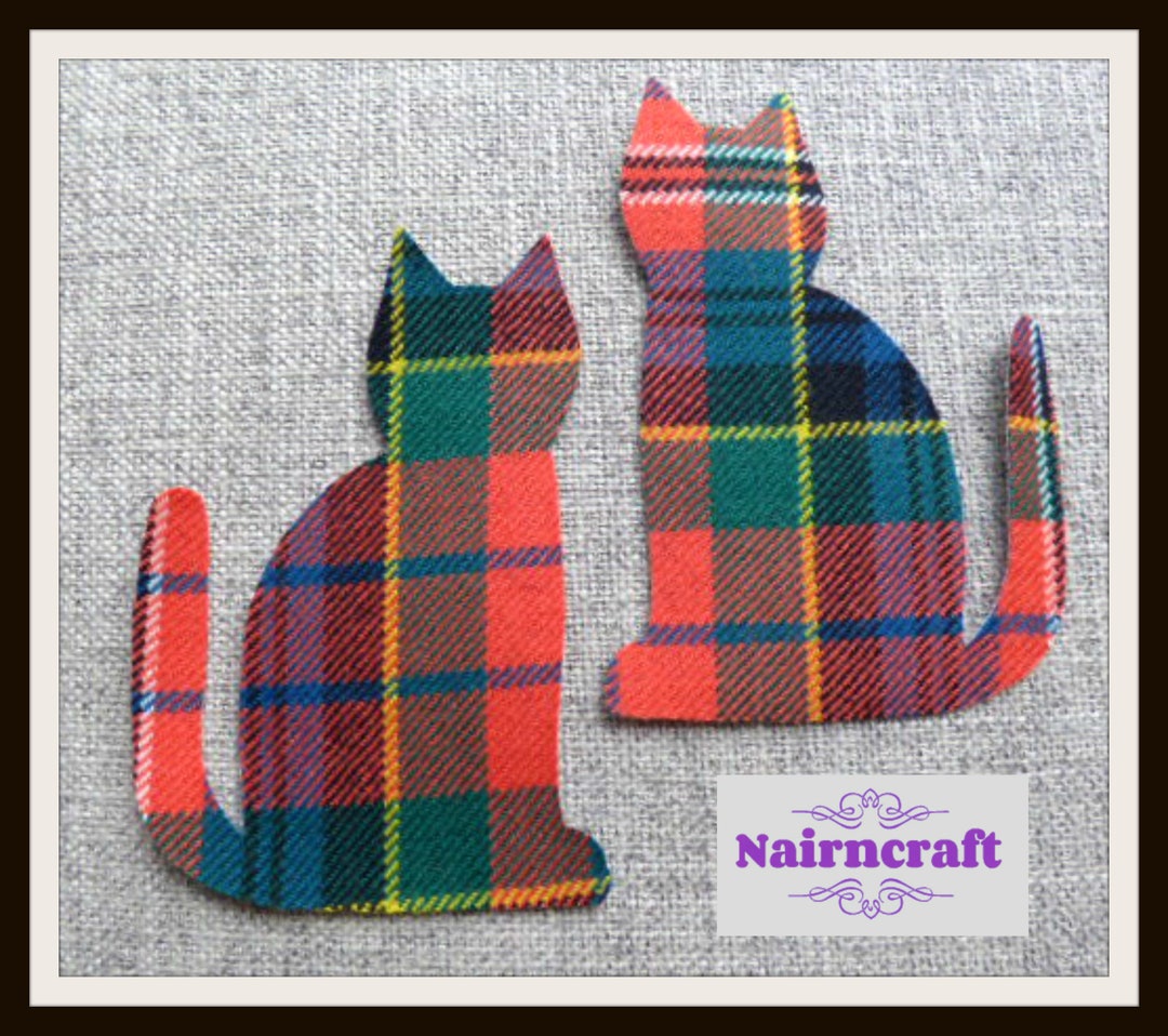 Cat Applique Patches Made in Salmon Red Tartan Plaid Woven Wool Fabric ...