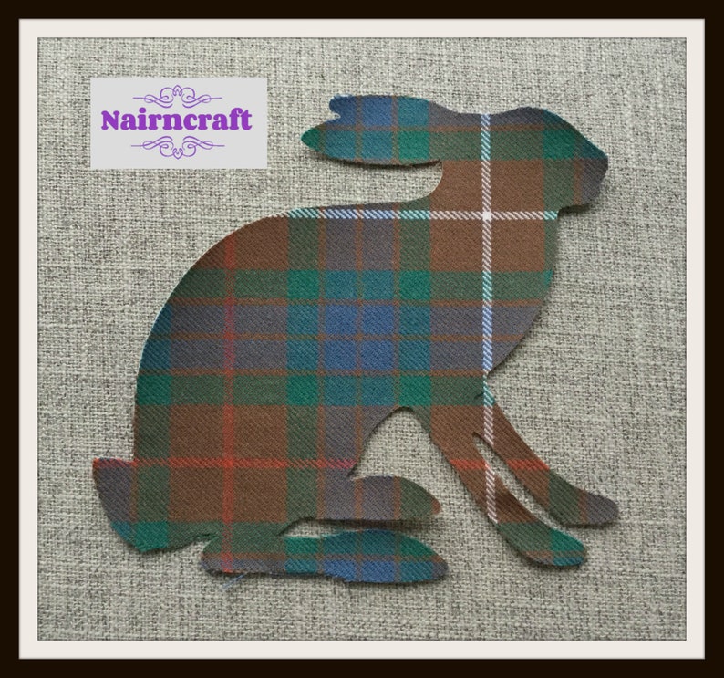 Large Rabbit Hare Applique Patch Made in Brown Green Tartan Fabric. Cut ...