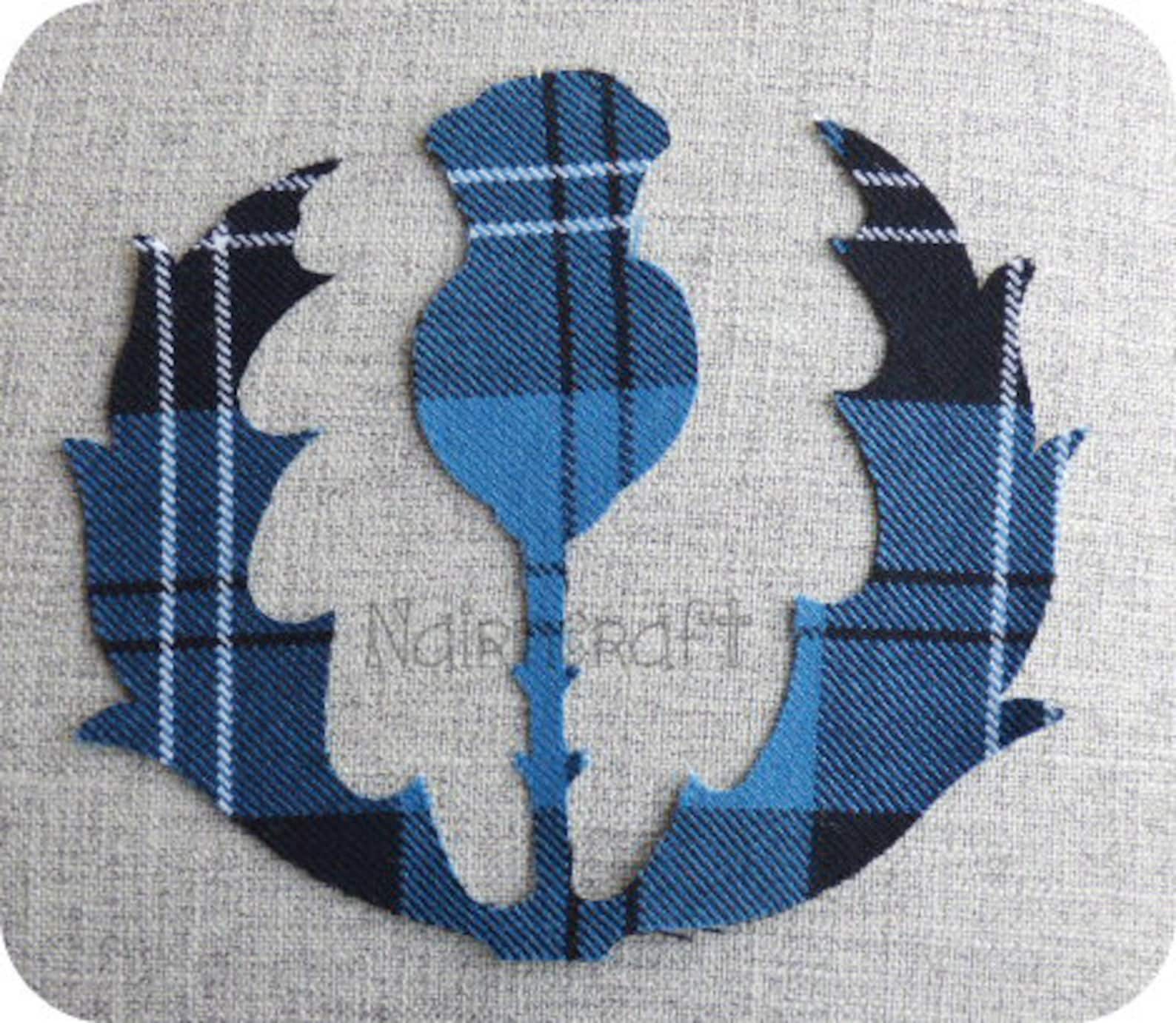 Scottish Thistle Design Applique Patch in Blue Tartan Wool Fabric. It ...