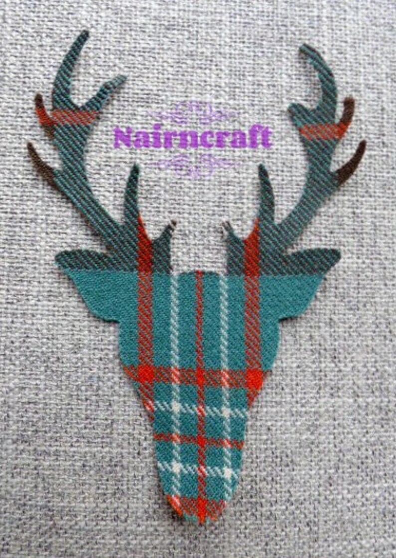 Green Tartan Deer Stag Buck Head Appliques Patch. Cut Out, Iron on or ...